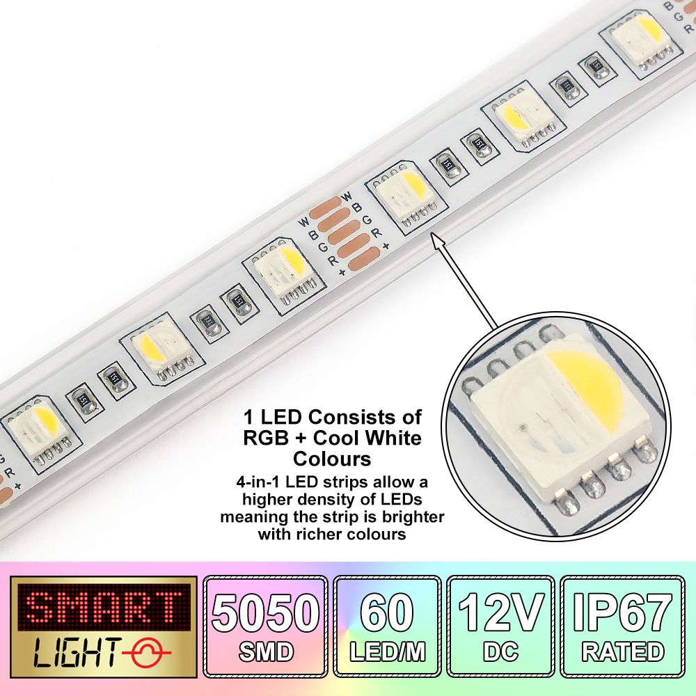 60 LED/M 12V SMD 5050 4-In-1 RGB & COOL WHITE LED Strip IP67 (White PCB)